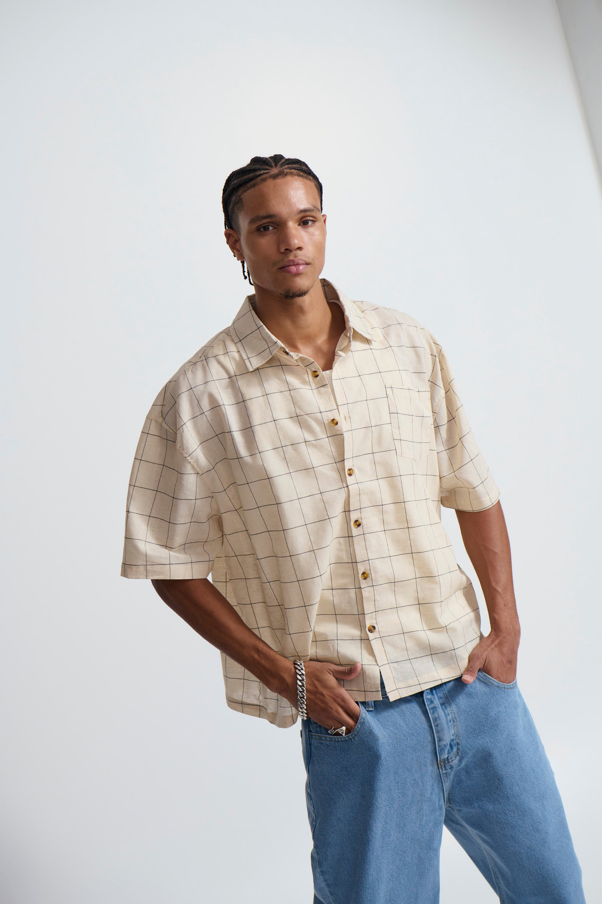 Nathaniel Drop Shirt Beige Check - FINAL SALE