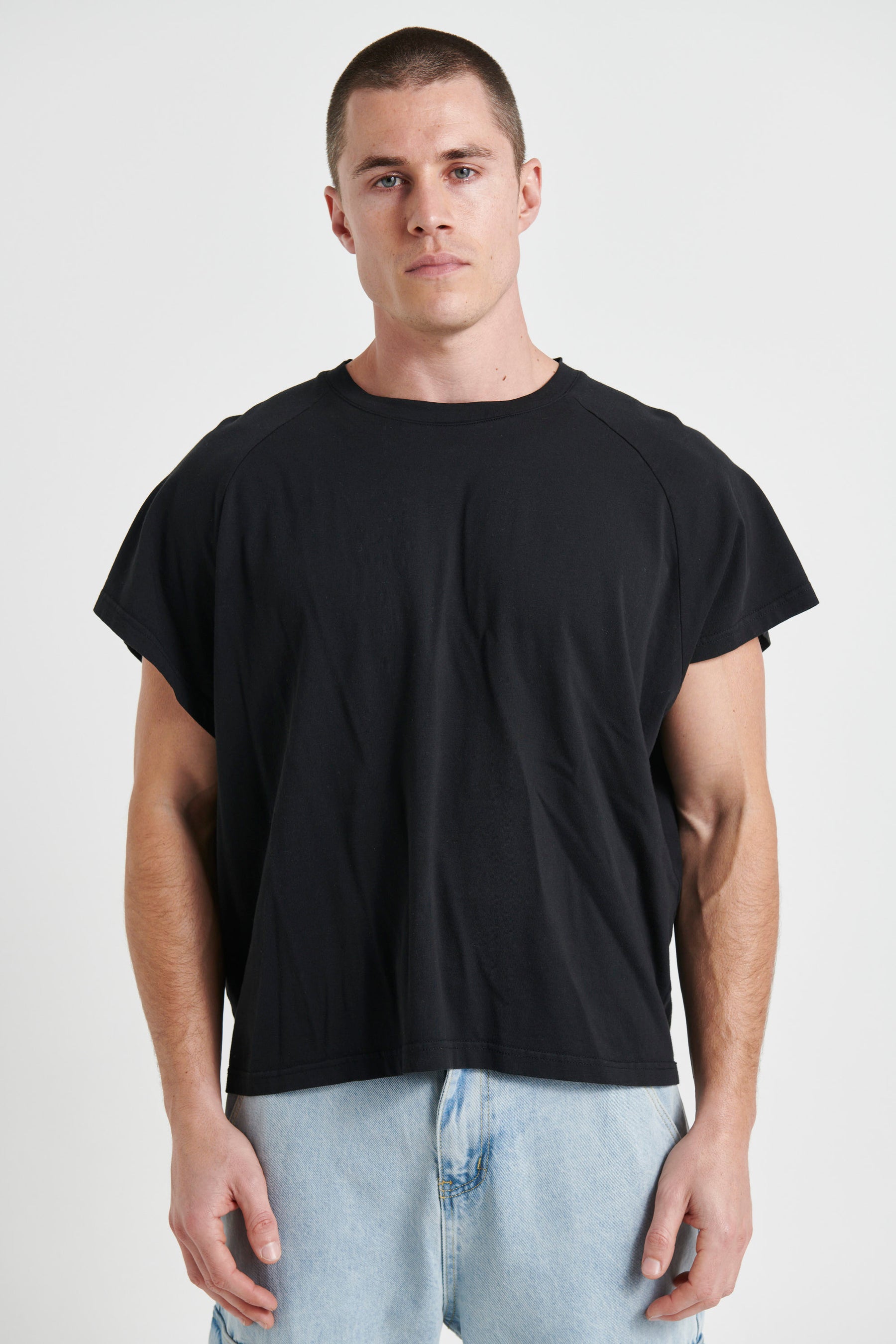 Raglan Crop Box Tank Black | Mens Crop Top Tank
